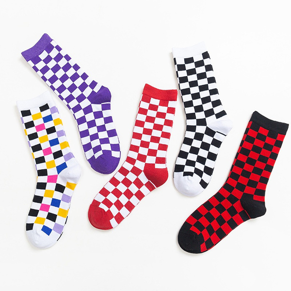 Streetwear Style Checkerboard Socks Unisex Geometric Checkered Socks ...