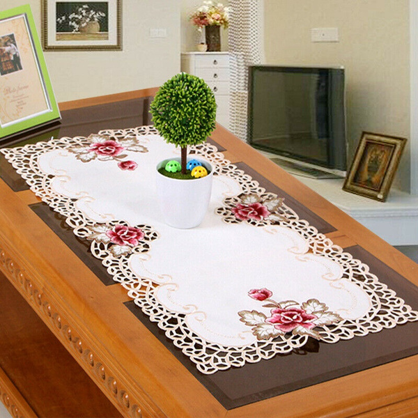 Rectangle Embroidered Tablecloth Flower Coffee Table Cloth Doily Satin ...