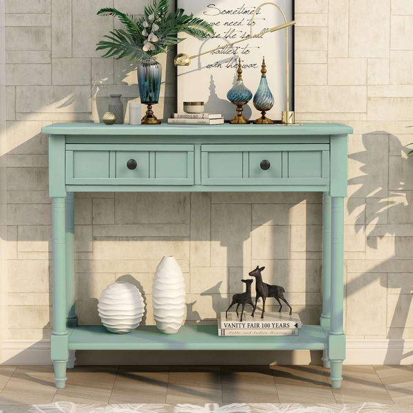 Traditional Design Console Table with Two Drawers and Bottom Shelf | Wish