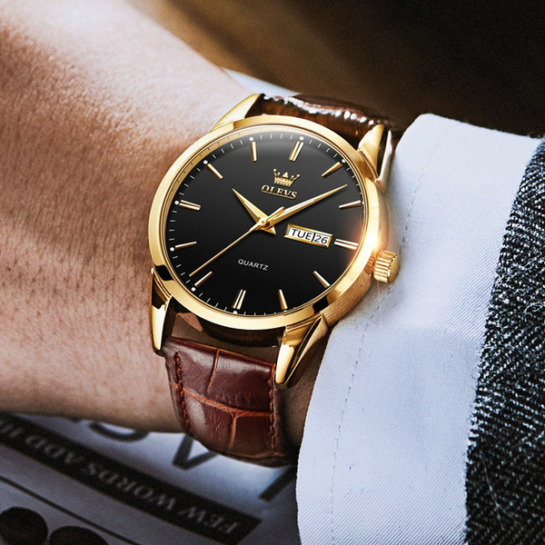 OLEVS Men Luxury Automatic Quatz Watches Classic Leather Strap Wrist ...