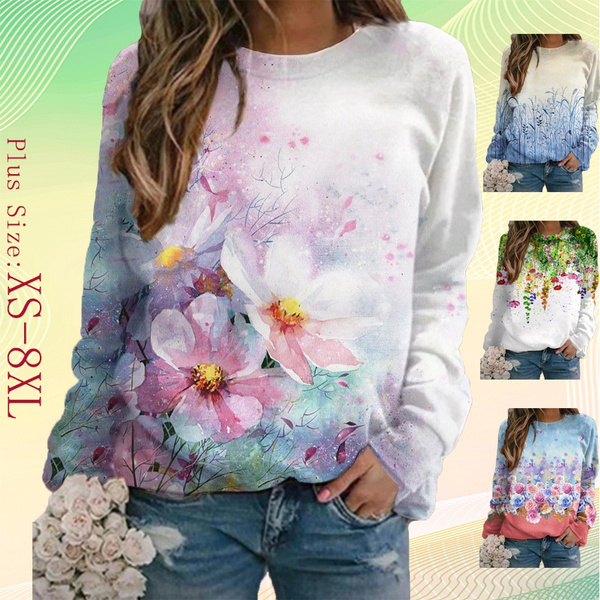 Women Floral Graphic Print Round Neck Basic Long Sleeve Tops | Wish