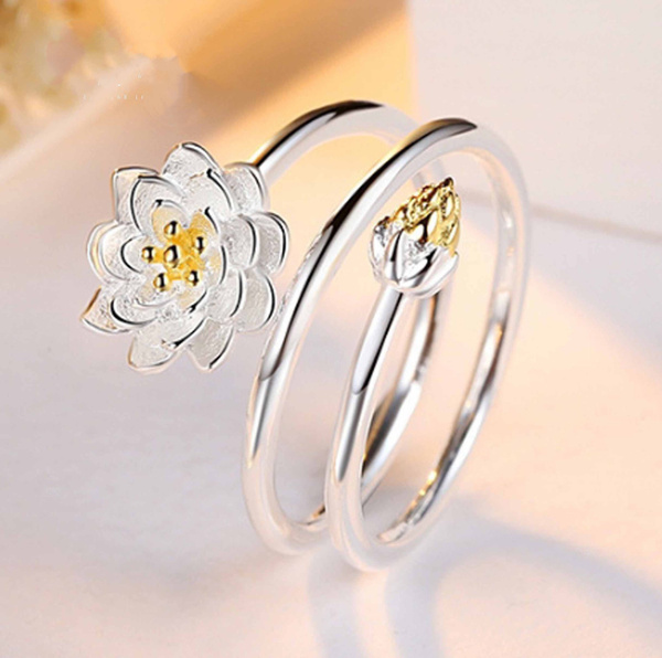 New Lotus Ring Delicate Flower Silver Spiral Open Simple Female Ring ...