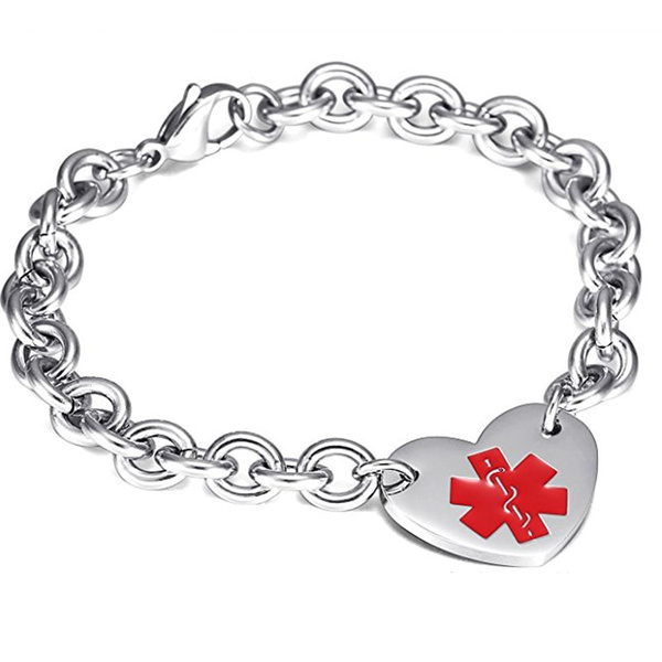 Stainless Steel Engraved Medical Alert Heart Link Chain Bracelet Medic ...