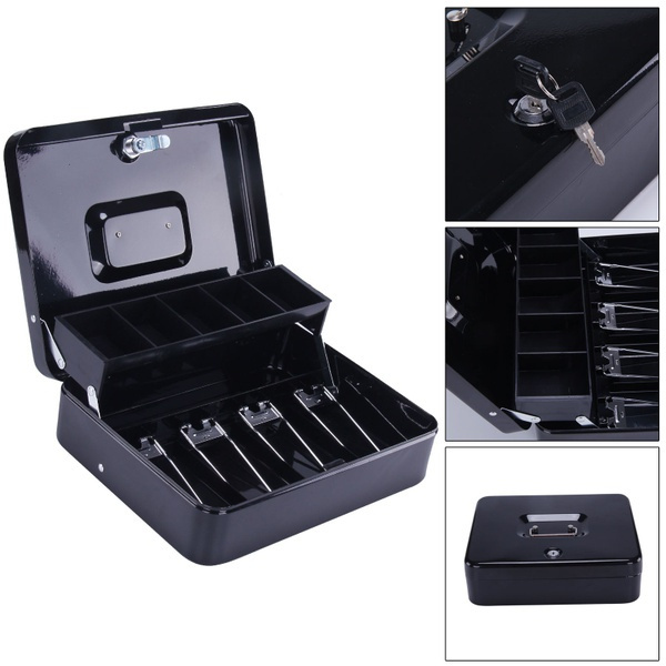 "12"" Petty Cash Box Metal Security Money Safe 2 Tiers Holder Key Lock ...