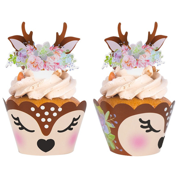 24/48pcs Cute Cartoon Elk Cupcake Wrapper Deer Cake Topper DIY Paper ...