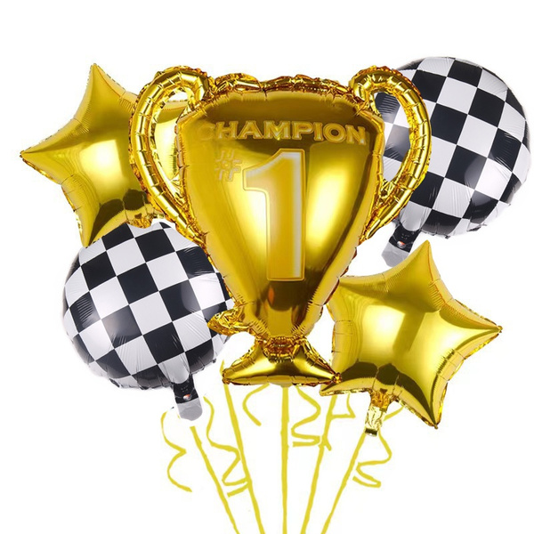 5pcs Racing Car Racing Flags Balloon Set Gold Championship Trophy Foil ...