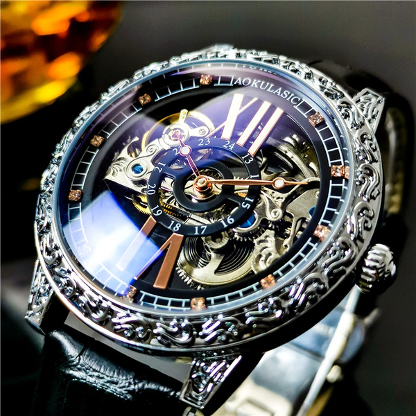 AOKULASIC Trendy Carved Design Automatic Mechanical Men Watch Retro ...