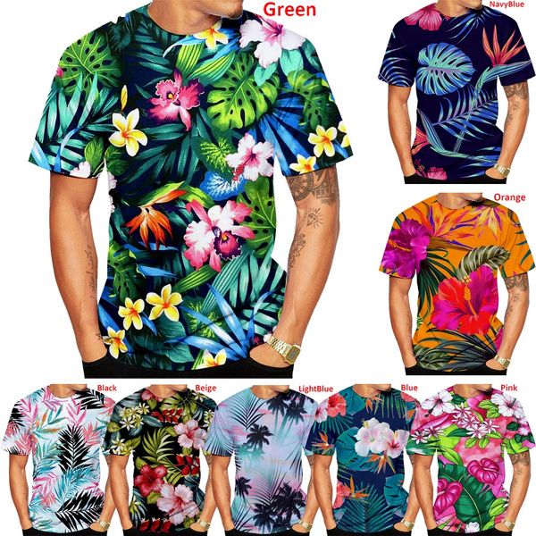 Men Summer T-shirts Beach Casual Hawaiian Palm Motif Short Sleeve ...