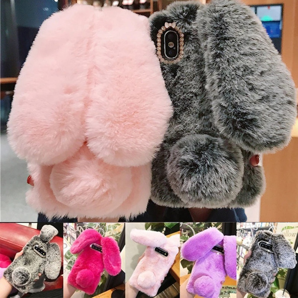 Diamond Bunny Rabbit Fur Plush Fuzzy Fluffy Phone Case for for iPhone ...