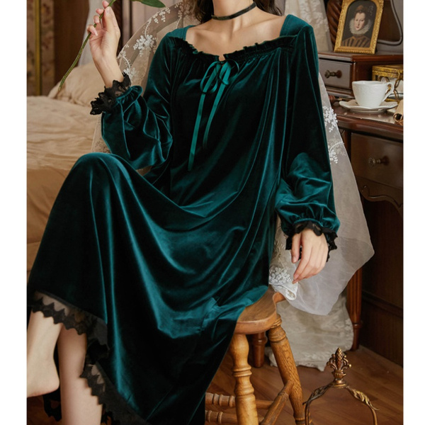 Lady Velour Long Nightgown Square Neck Lace Trim Velvet Sleepwear Dress ...