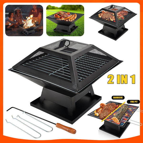 New 2 IN 1 Iron Brazier Cover Square Fire Pit Wood Burning Brazier BBQ ...