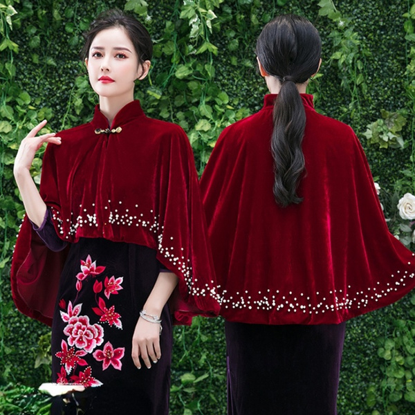 Women Beaded Velvet Cape Jacket Shrug Bolero Cloak Capelet Cheongsam ...