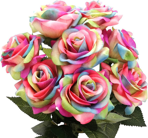 Cieovo 8Pcs Rainbow Artificial Rose Flower Real Touch Rainbow ...