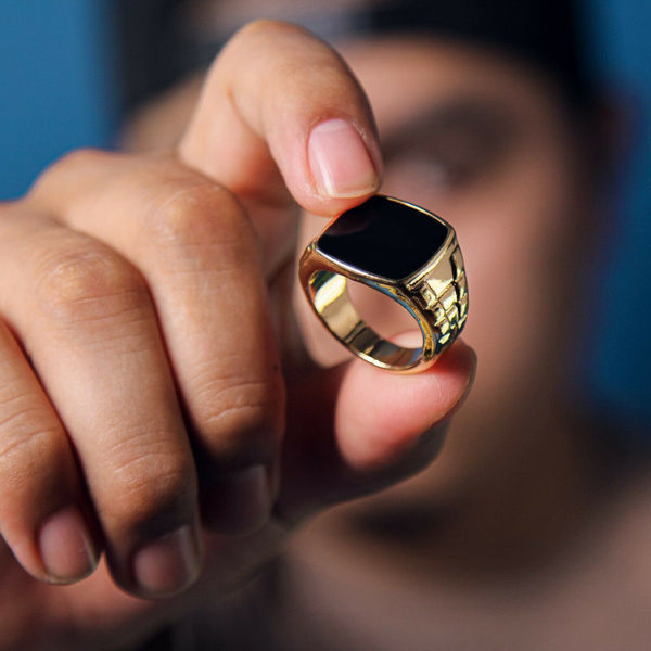 Mens Black Block Pimp Pinky Ring 14k Gold Plated Hip Hop Jewelry | Wish
