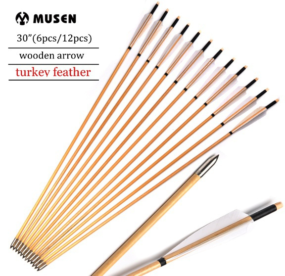 6/12 pcs 30inch Natural Wooden Arrows with White Turkey Feather and ...