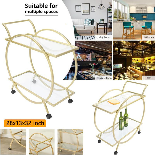 Bar Cart With 2 Mirrored Shelves, Modern Metal Bar Serving Cart With ...