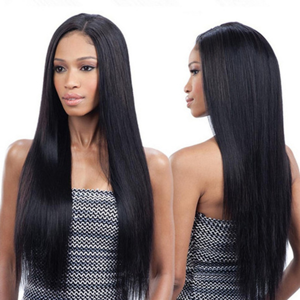 Wig female Black Medium split long straight hair high temperature silk ...
