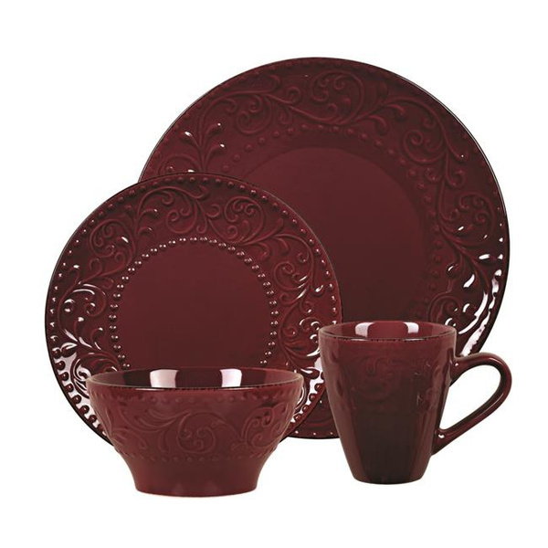 16 Piece Stoneware Scroll Dinnerware Set, Merlot | Wish