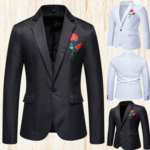 New Men's Business Casual Solid Color Suit Jacket Rose Embroidery ...