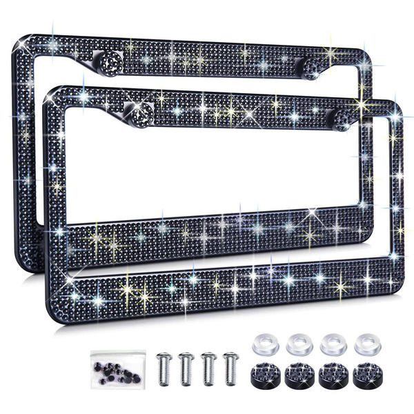 Black White Crystal Diamond Car License Plate Frame Premium Stainless ...