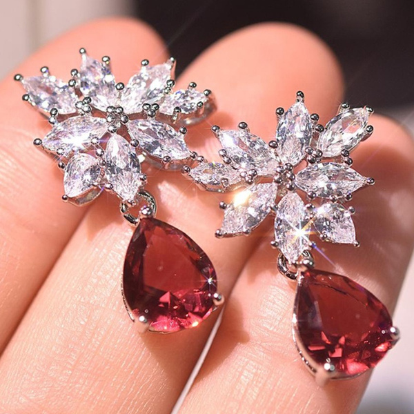 Exquisite Teardrop Ruby Silver Plated Leaf Crystal Drop Earring for ...