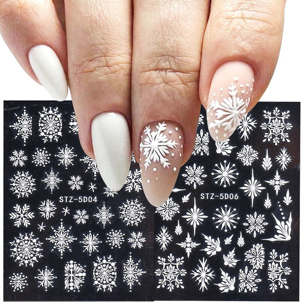 New Year 5D Nail Stickers White Snow Flowers Embossed Decals Slider ...