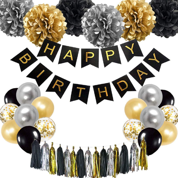 Black and Gold Birthday Decoration, Happy Birthday Banner, Tissue ...