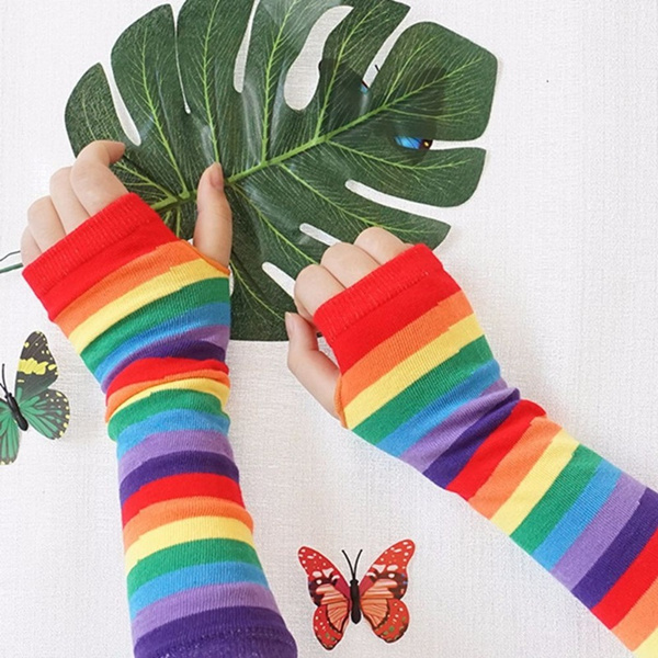 Long Glove Arm Cover Rainbow Striped Fingerless Cotton Long Wristband ...