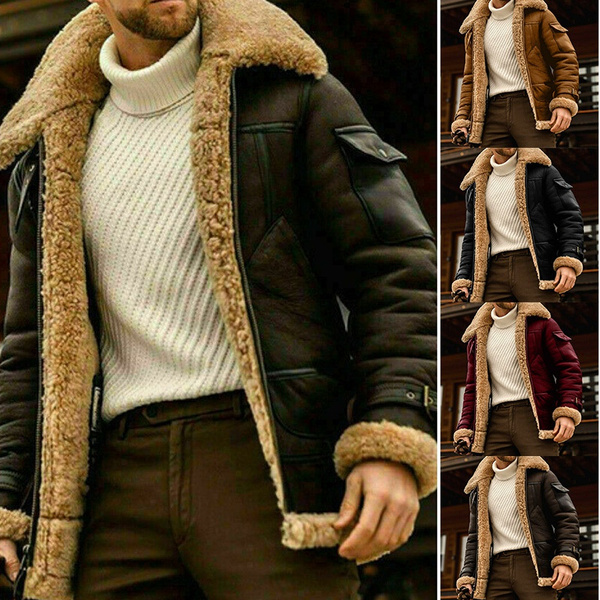 Men's Winter PU Jackets Thick Fleece Lined Bomber Flying Short Coats ...