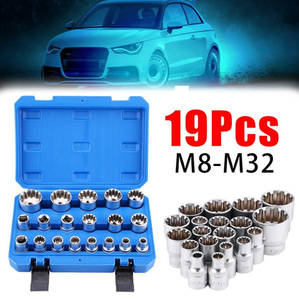 19Pcs 1/2" Drive 6 12 Point Hex Torx Splined Bit Socket Set Repair Tool ...