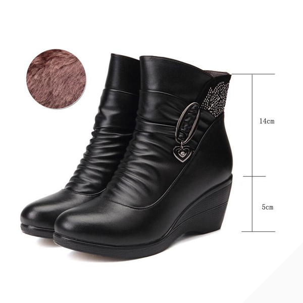Mother Shoes Autumn and Winter Leather Slope Heel Short Boots Middle ...