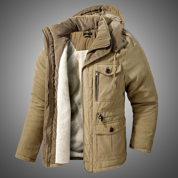 Men Warm Coat Lamb Wool Hooded Cotton Jacket Winter Parka Hooded ...