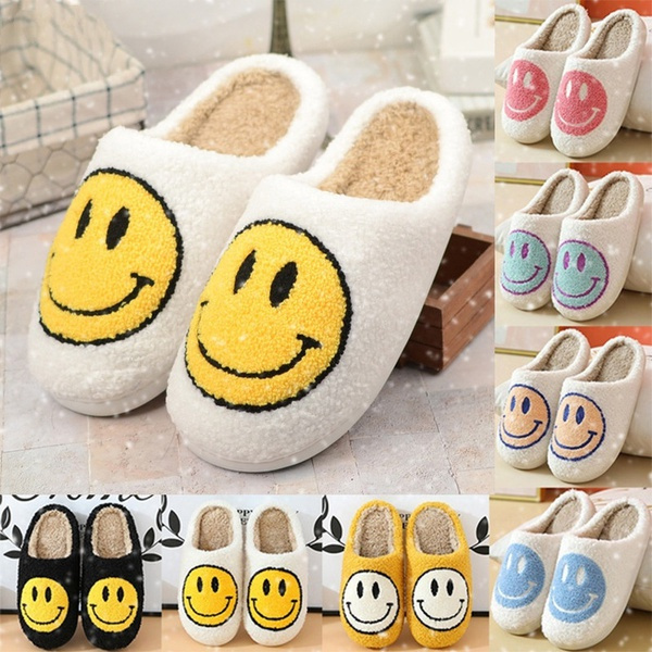 Smiley Face Slippers Fuzzy Fluffy Cute House Home Shoes Memory Foam ...