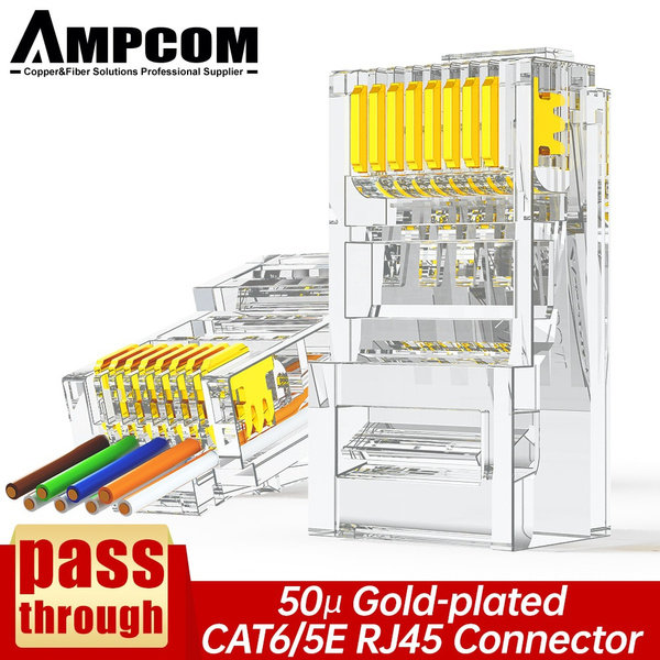 AMPCOM CAT6 CAT5E Pass Through RJ45 Modular Plug Network Connectors UTP ...