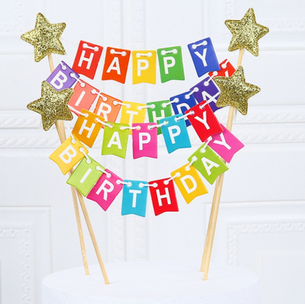 Happy Birthday Cake Banner Flags With Shinning Stars Happy Birthday ...