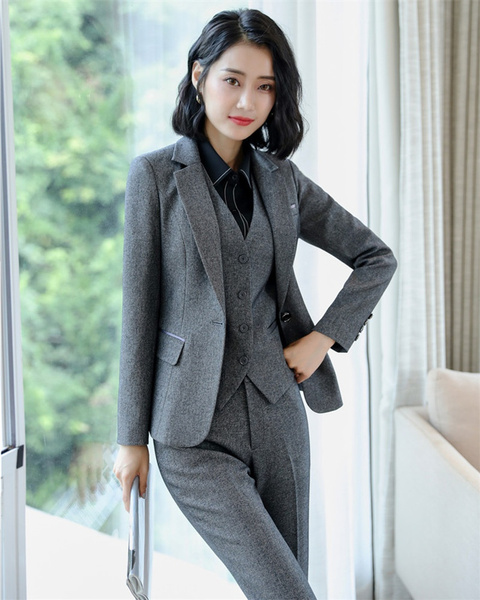 3-piece Set of Women's Vest Blazer and Pants Suit Office Ladies Gray ...