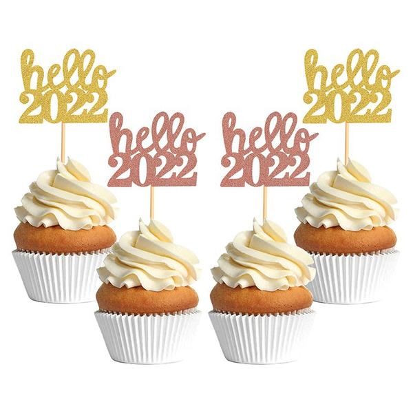 12 Pcs Glitter New Year Cupcake Toppers Hello 2022 Dissert Cake Toppers ...