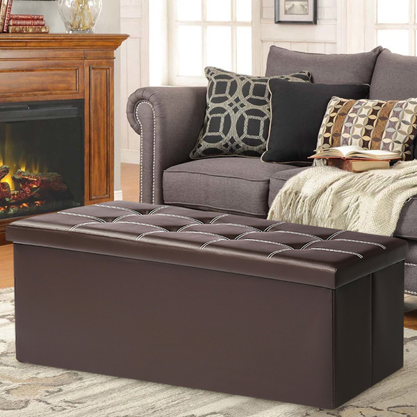 43''x15''x15'' Folding Storage Ottoman Bench Faux Leather Foot Rest ...