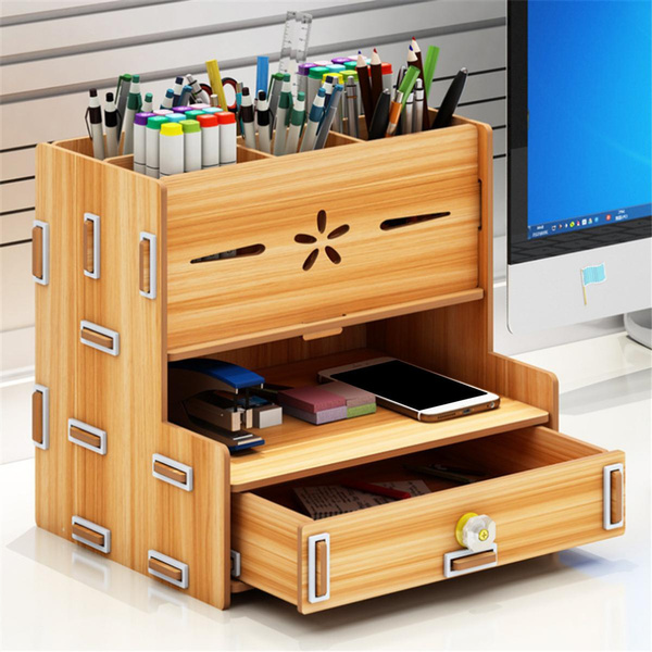 3 Colors Wood Pencil Storage Box for Home and Office Organizer Case ...