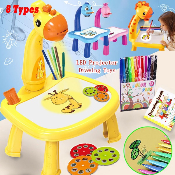 8 Types Children LED Projector Art Drawing Table Toys with Light Music ...