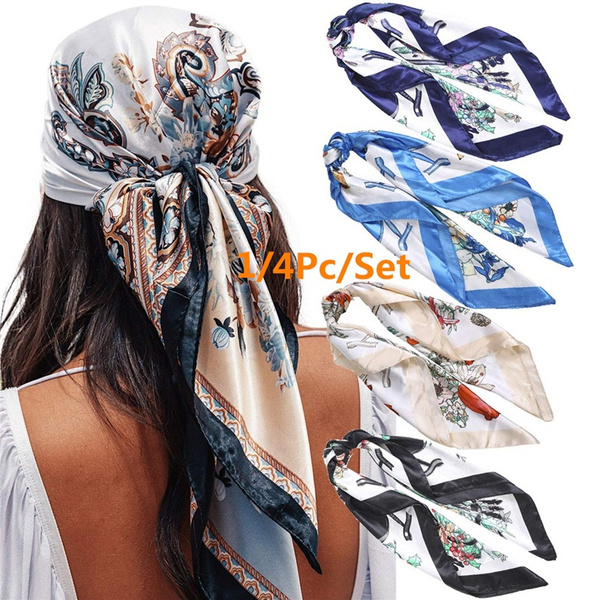 1/4pcs 35”Women Satin Large Square Head Scarves Bandanas Bohemia Ribbon ...