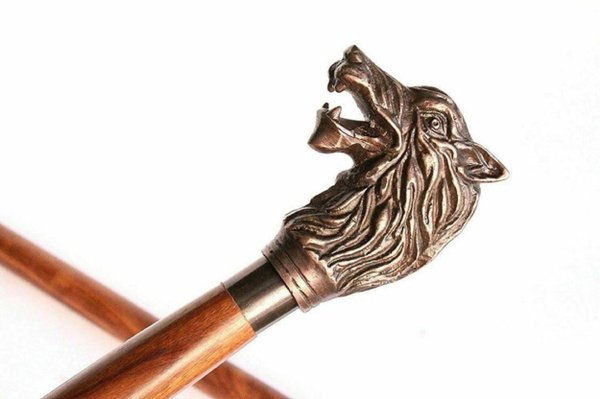 Gentlemen Walking Stick Antique Wolf Head Handle Nautical Wooden ...