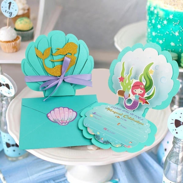 WarmParty 6/12Pcs Mermaid Invitation Cards 3D Pearlescent Paper ...