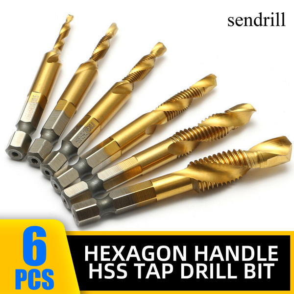 6Pcs 1/4" HSS Hex Shank Titanium Combination tap Drill bit Set Screw ...