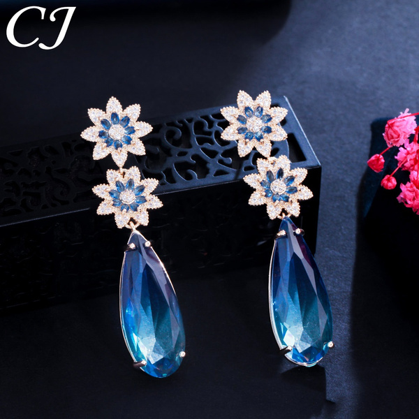 CANDICE Elegant Two Flower Cubic Zirconia Dangle with Gradual Blue Tear ...