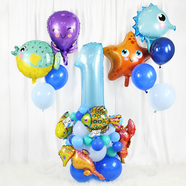 45Pcs/Set Under Sea Ocean World Animal Balloons Blue Number Balloon ...