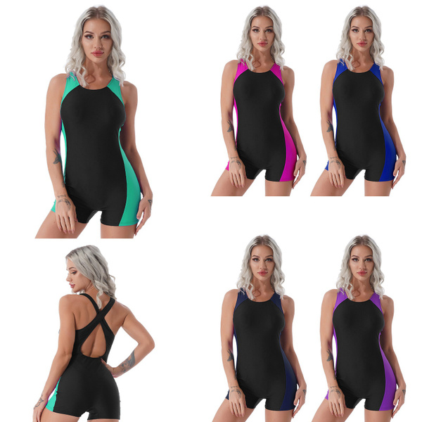 Women's One Piece Swimsuit Cross Back Unitard Swimming Suits Boyleg ...