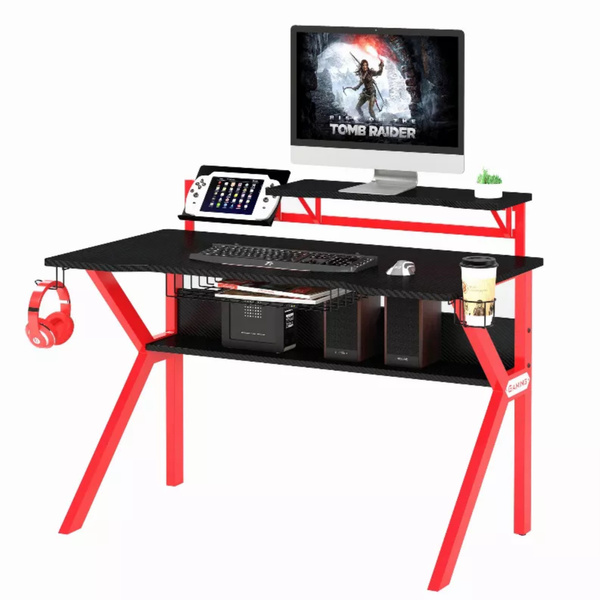 PVC Coated Ergonomic Metal Frame Gaming Desk, Black and Red | Wish