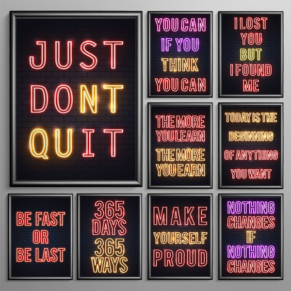 9 Panels Set Neon Art Inspirational Quotes Posters Motivation Wall ...