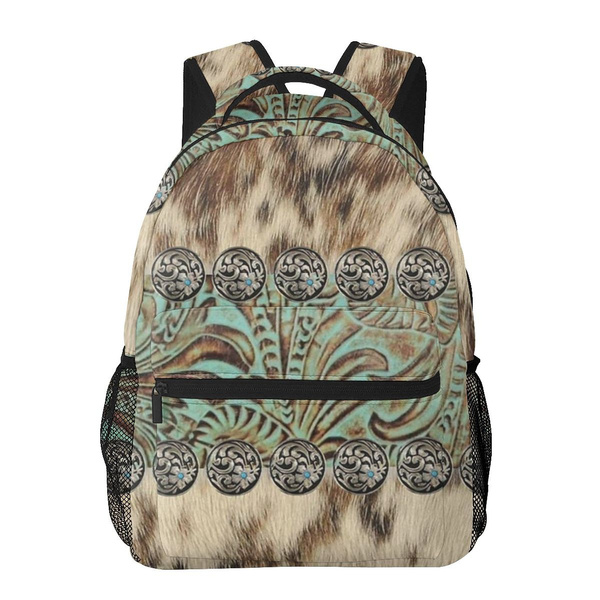 Rustic Brown Teal Western Country Tooled Leather Backpack Fashin School ...